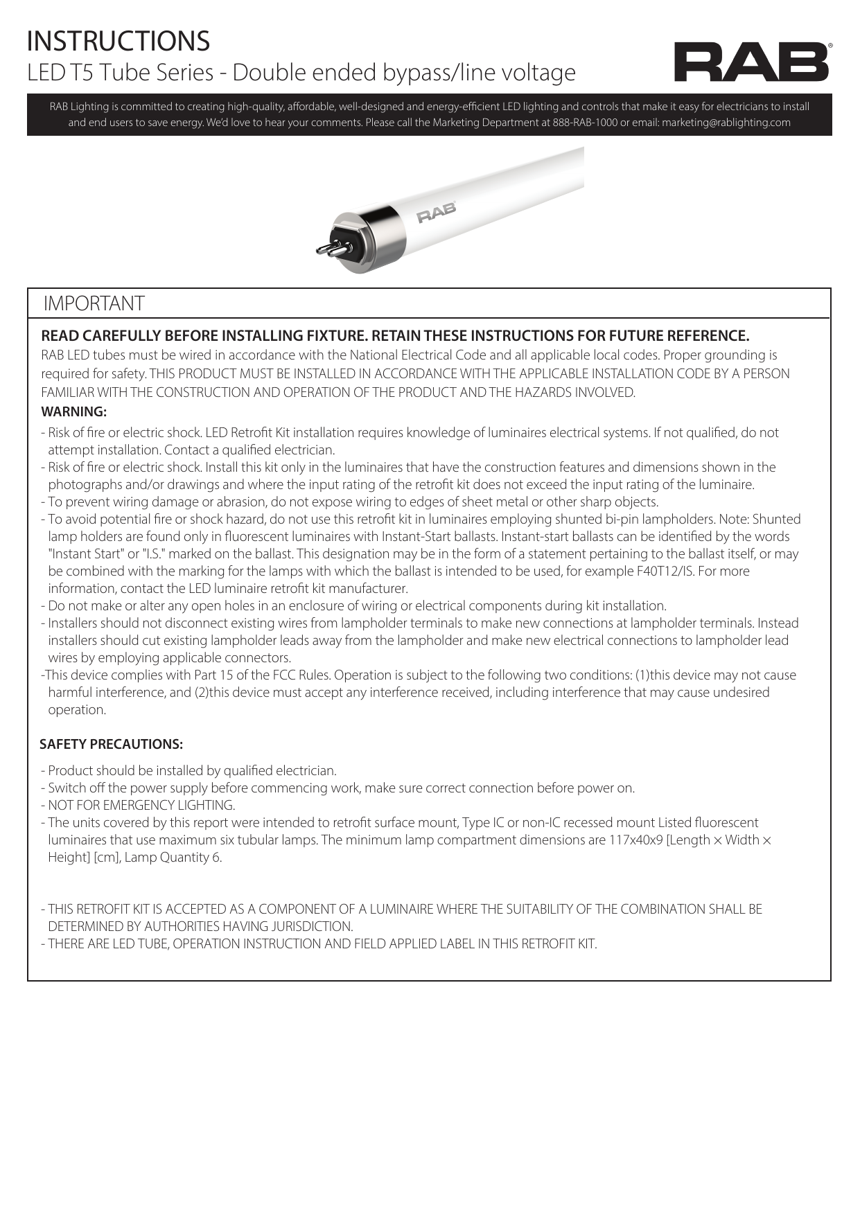 RAB Lighting T5-25-48G-830-BYP Linear Tube Instructions | Manualzz