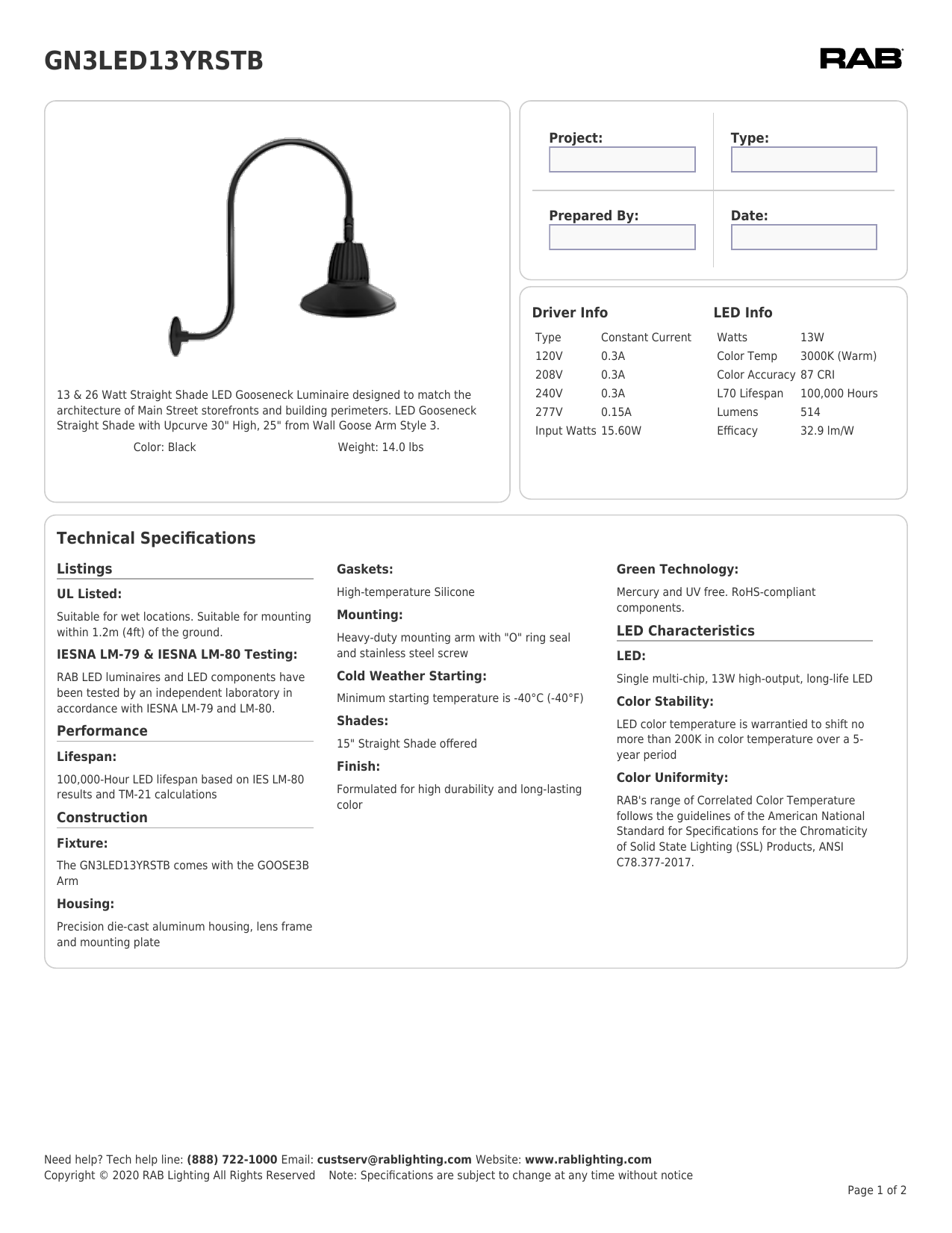 RAB Lighting GN3LED13YRSTB Decorative Spec Sheet | Manualzz