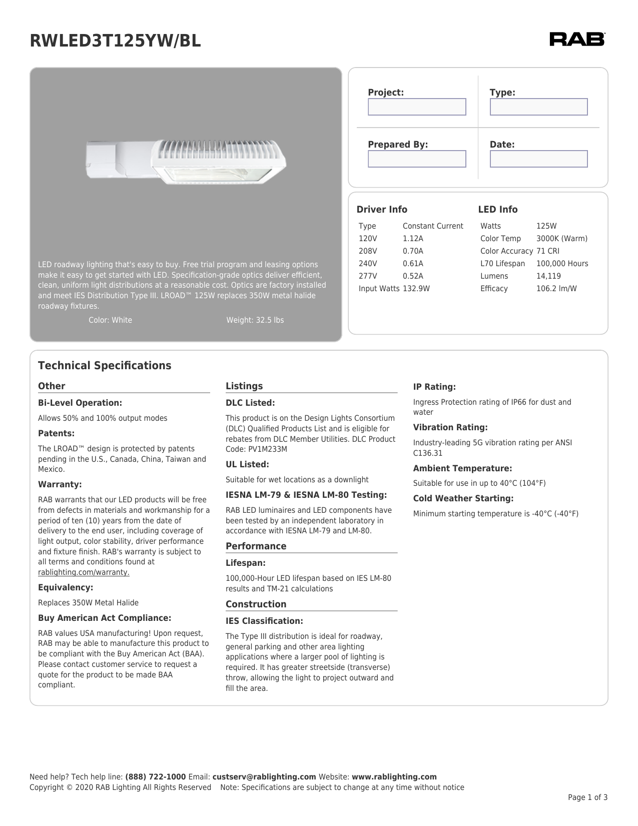 RAB Lighting RWLED3T125YW/BL Roadway Light Spec Sheet | Manualzz