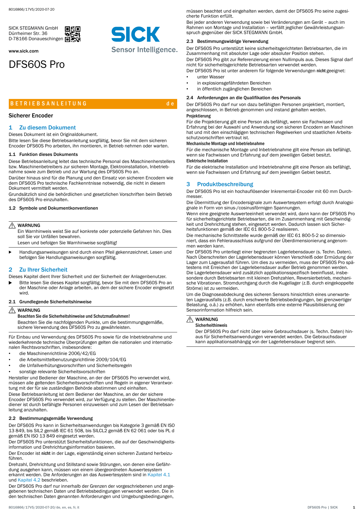 SICK DFS60S Pro Safety encoder Bedienungsanleitung | Manualzz