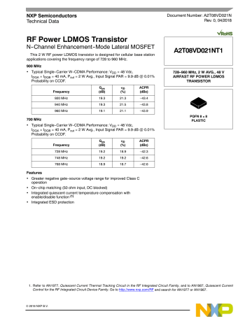 NXP A2T08VD021N 728-960 MHz, 2 W Avg., 48 V Airfast® RF Power LDMOS Transistor Data Sheet | Manualzz