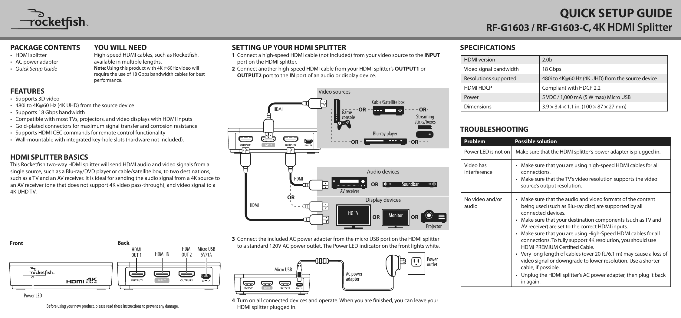 Rocketfish RF-G1603 2-Output HDMI Splitter Quick Setup Guide | Manualzz