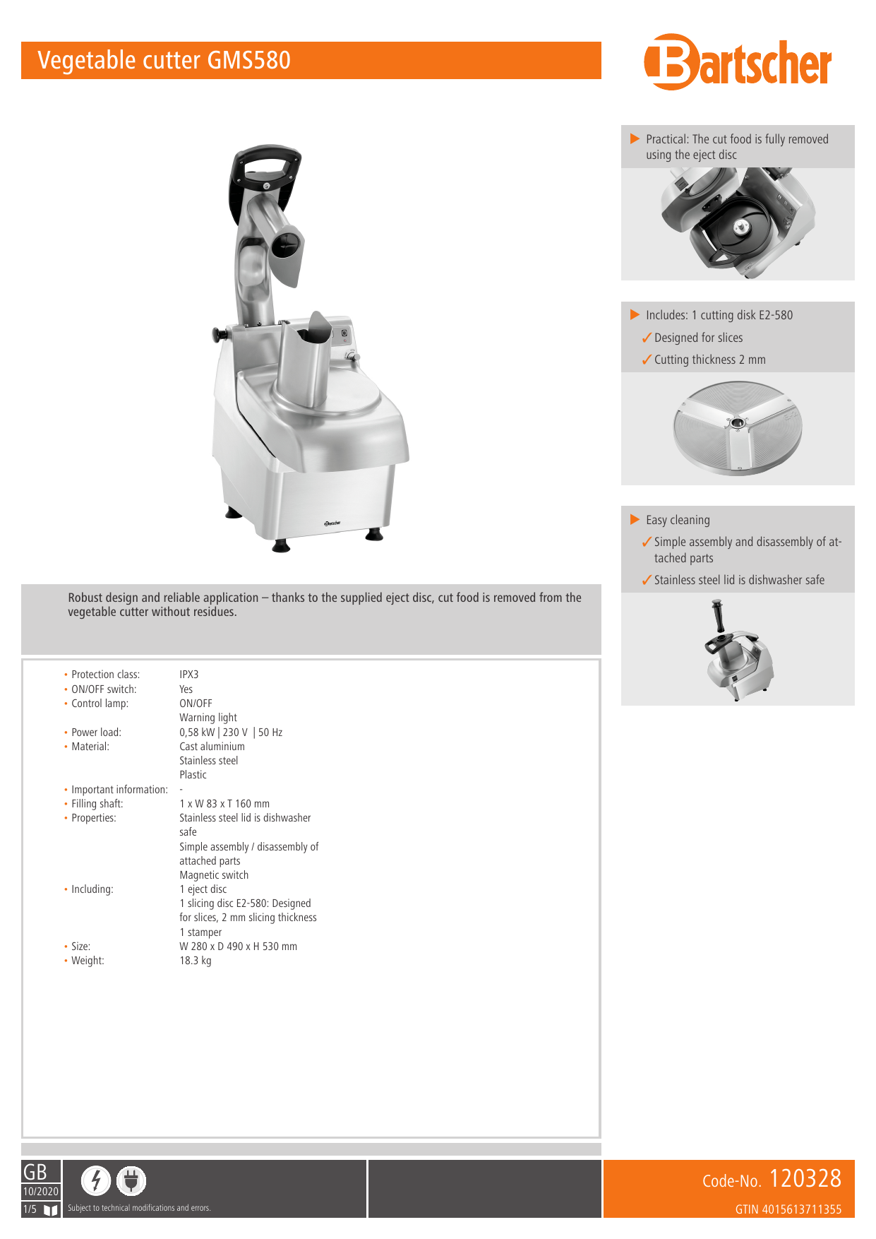 Bartscher 120328 Vegetable cutter GMS580 Data sheet | Manualzz