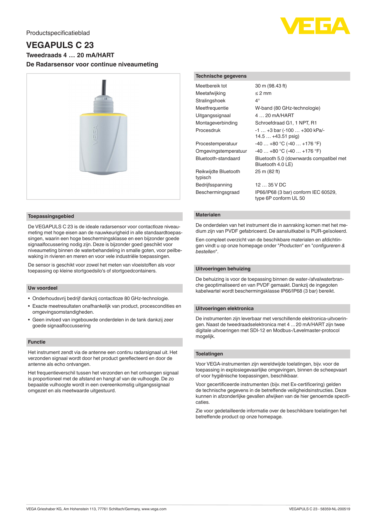 Vega VEGAPULS C 23 Wired radar sensor for continuous level measurement ...