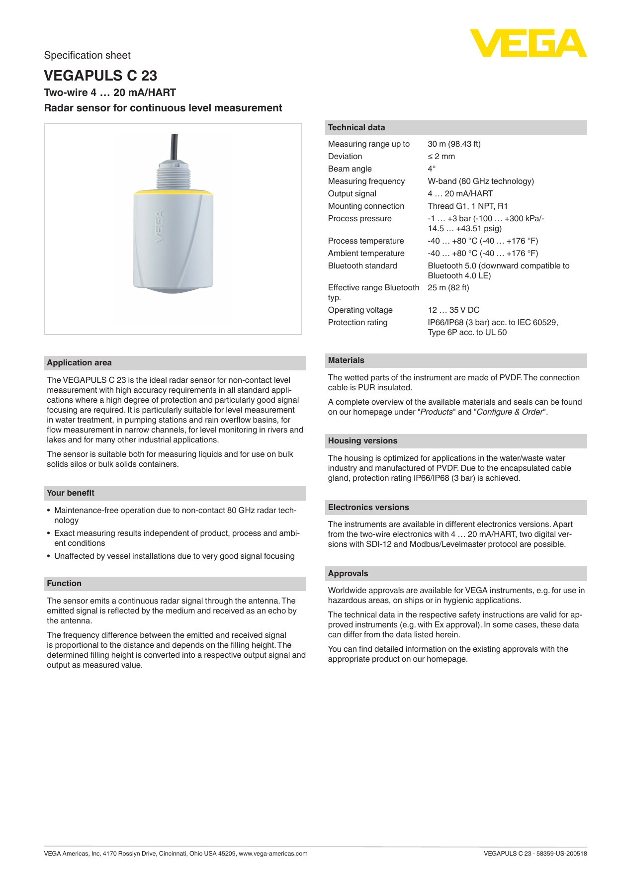 Vega VEGAPULS C 23 Wired radar sensor for continuous level measurement ...
