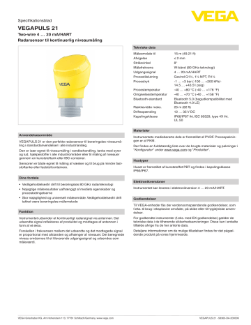 Vega VEGAPULS 21 Compact radar sensor for continuous level measurement ...