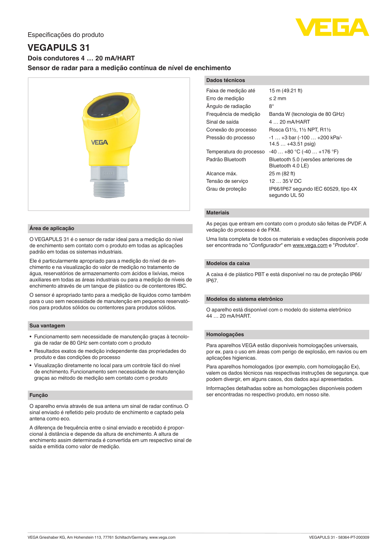 Vega VEGAPULS 31 Compact radar sensor for continuous level measurement ...
