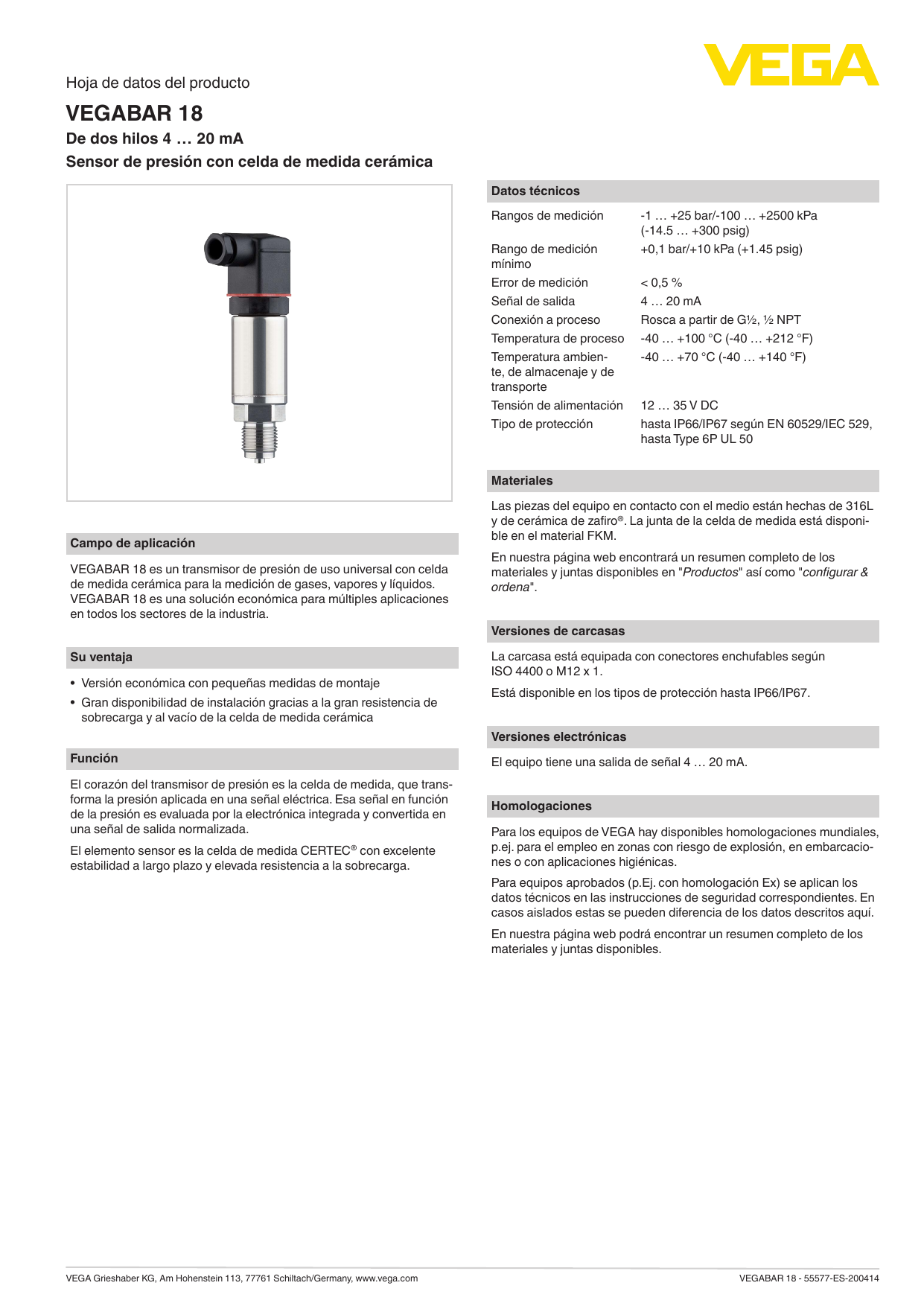 Vega VEGABAR 18 Specification | Manualzz