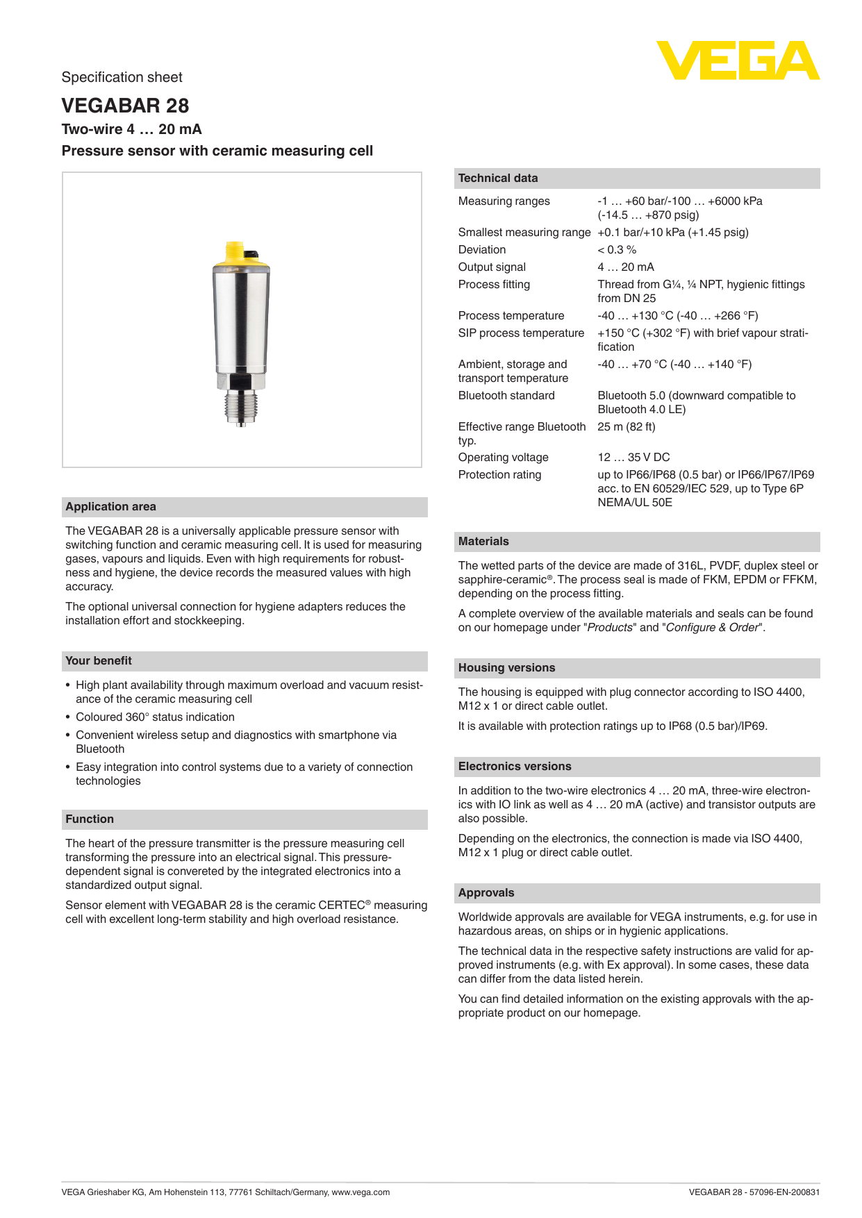 Vega VEGABAR 28 Pressure sensor with switching function Specification ...