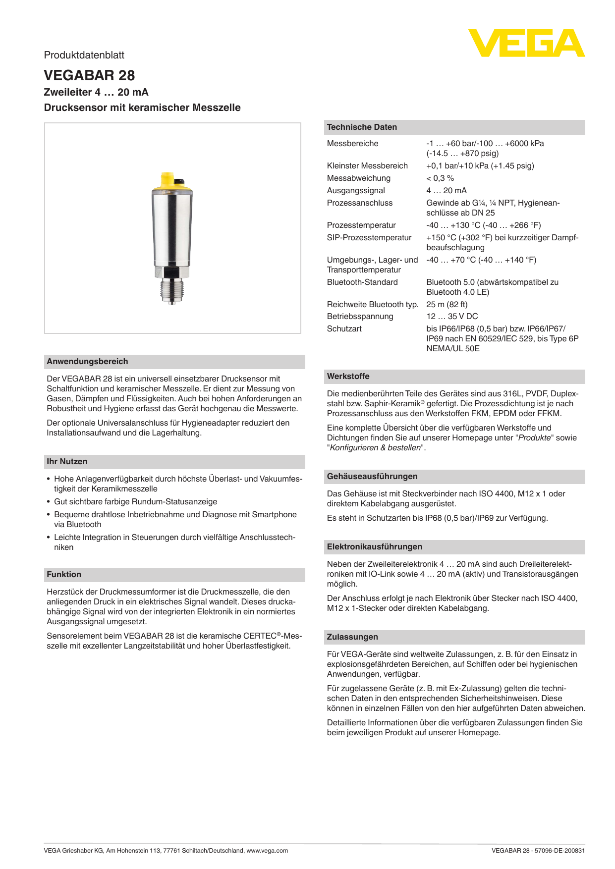 Vega VEGABAR 28 Pressure sensor with switching function Spezifikation ...