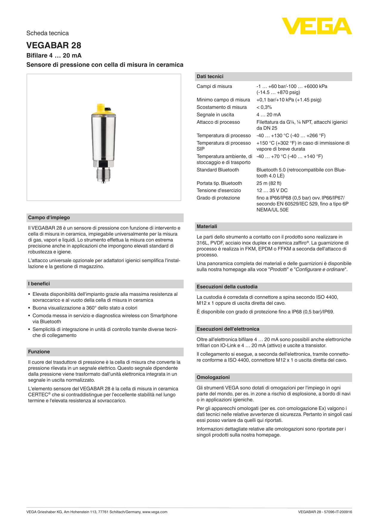 Vega VEGABAR 28 Pressure sensor with switching function specificazione ...