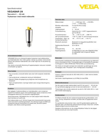 Vega VEGABAR 29 Pressure sensor with switching function Specifikation ...