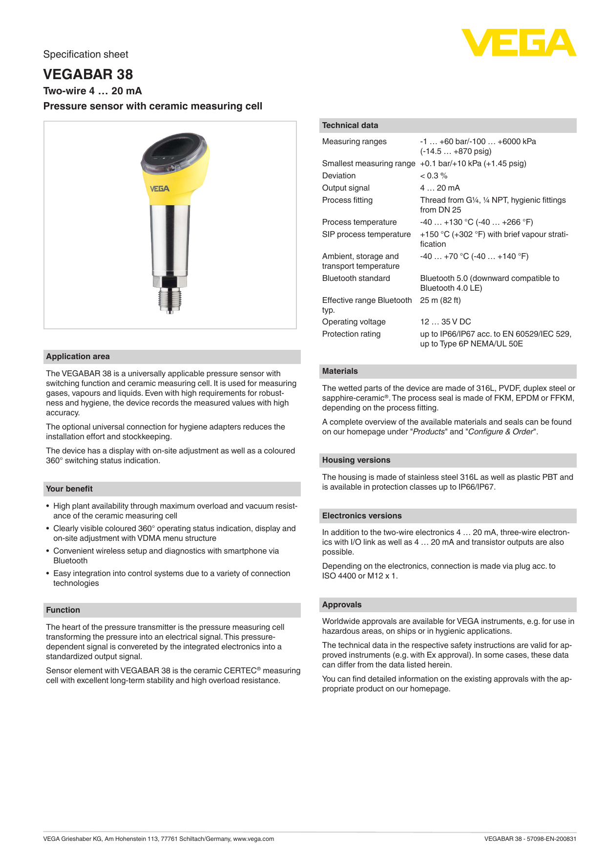 Vega VEGABAR 38 Pressure sensor with switching function Specification ...
