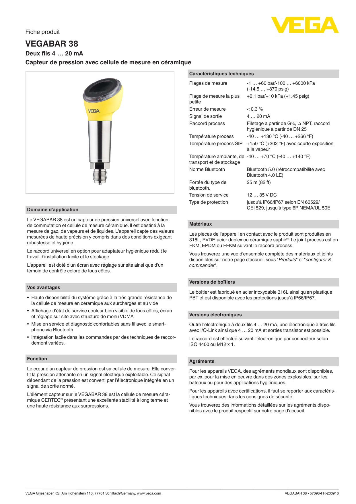 Vega VEGABAR 38 Pressure sensor with switching function spécification ...