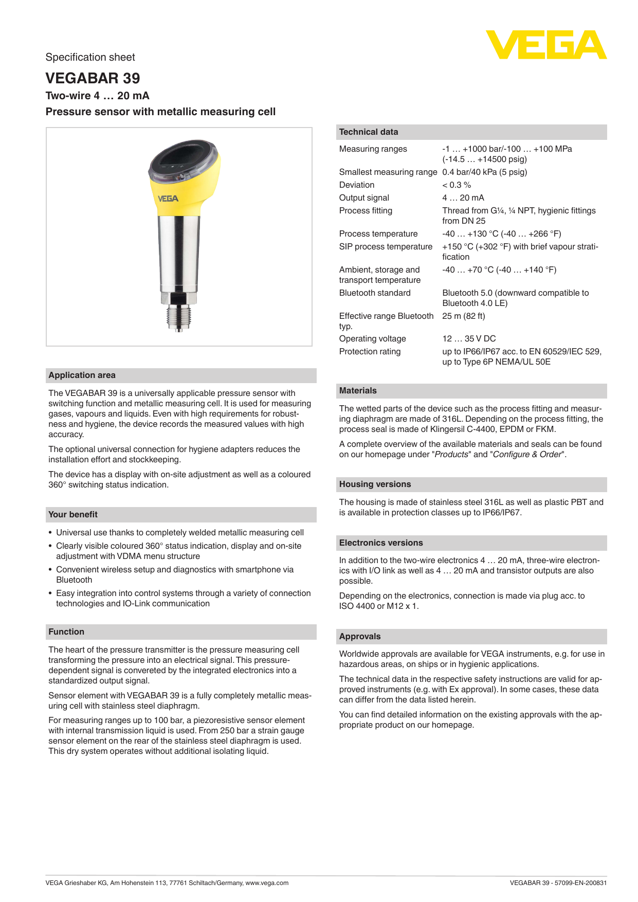 Vega VEGABAR 39 Pressure sensor with switching function Specification ...