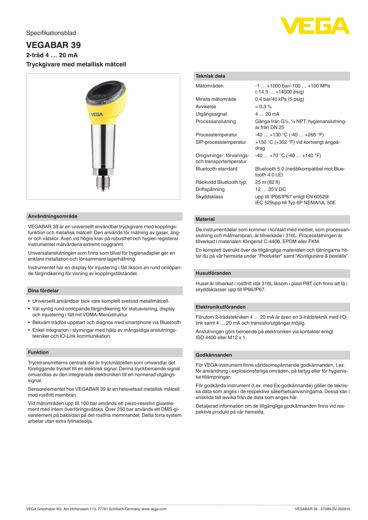 Vega VEGABAR 39 Pressure sensor with switching function Specifikation ...