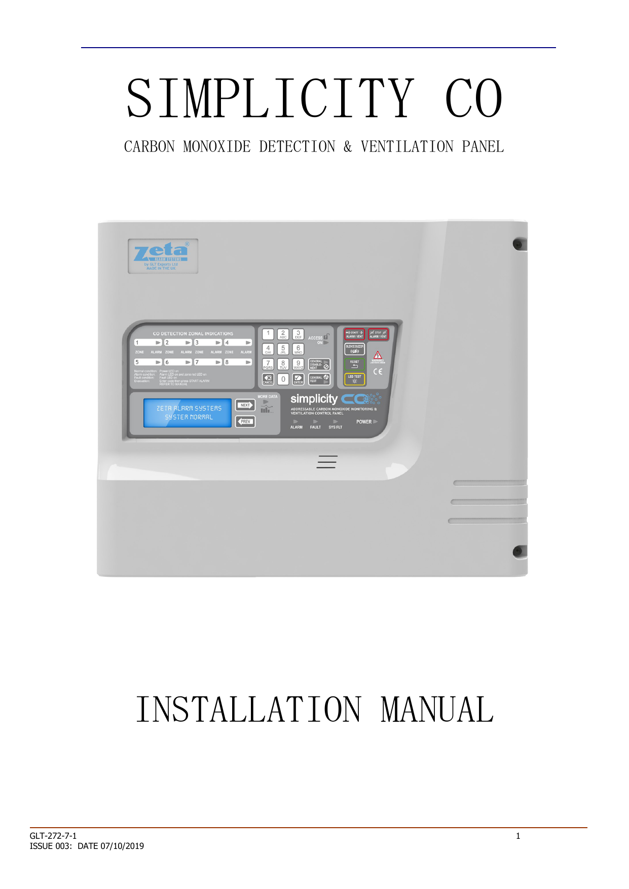 Zeta S32/CO Simplicity CO 32 Addressable CO Panel, 2 Zone, 32 Devices Installation Manual | Manualzz