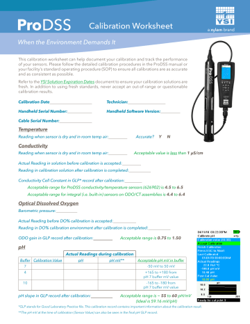 YSI ProDSS Calibration Worksheet | W87 Guide | Manualzz