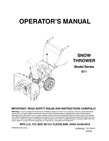MTD 611 Gas Snowthrower Owner's Manual | Manualzz