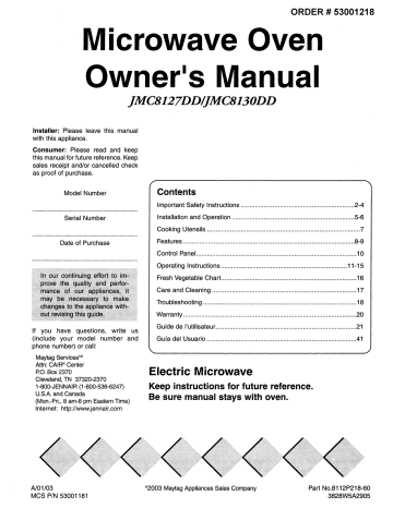 Jenn-Air JMC8127DDS Built-In Microwave Owner's Manual | Manualzz