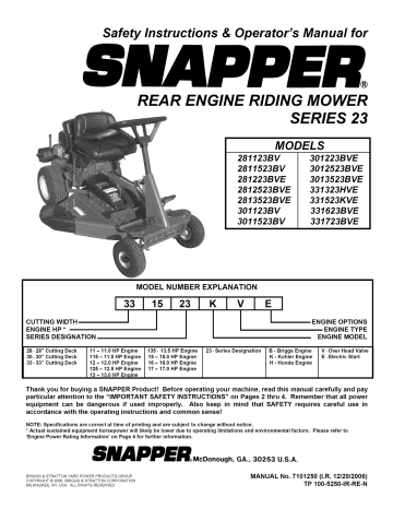 Snapper 331723BVE Rear-Engine Riding Lawn Mower Owner's Manual | Manualzz