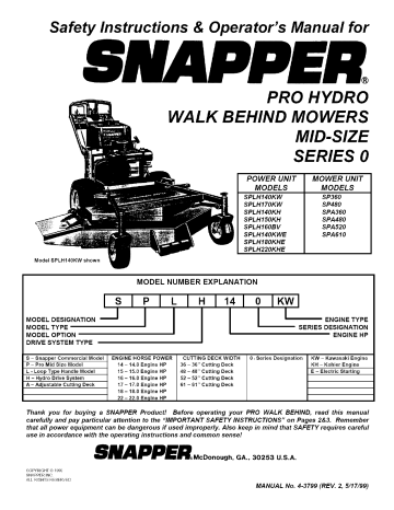 Snapper SPLH140KWE Lawn Mower Owner's Manual | Manualzz