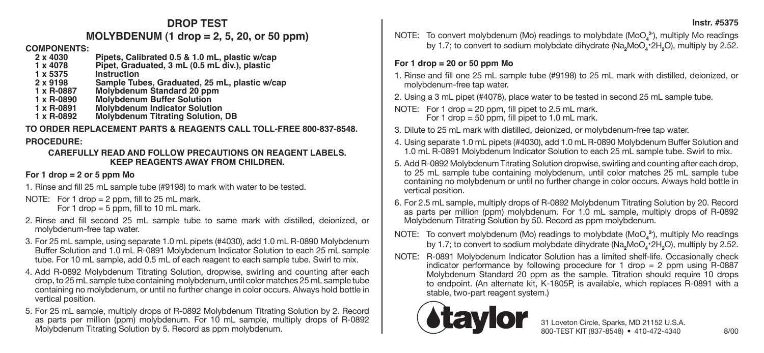 Taylor Technologies K-1805 Industrial & Pool Water Testing Kit Owner's ...