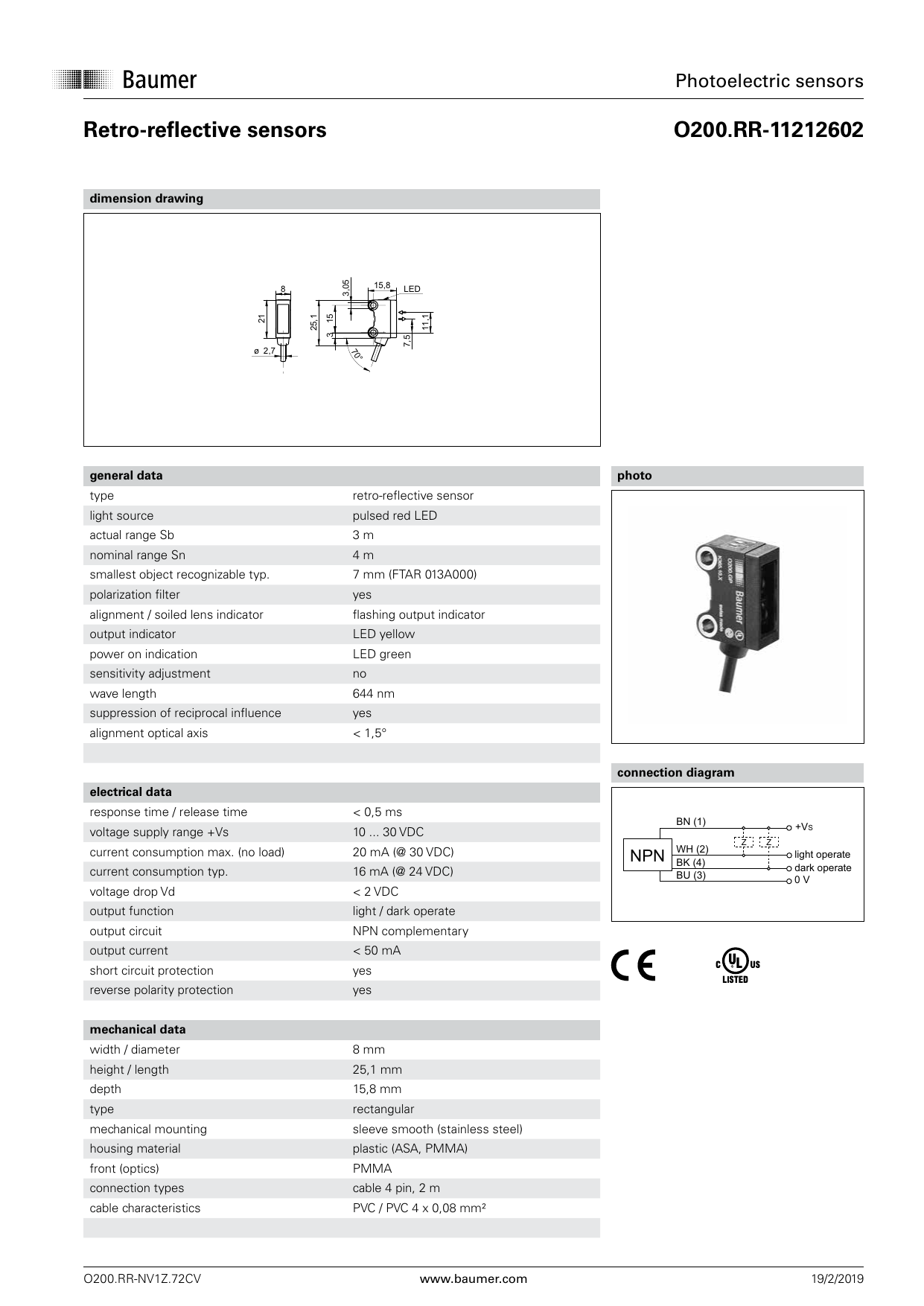 Baumer O200.RR-NV1Z.72CV Retro-reflective sensor Data sheet | Manualzz