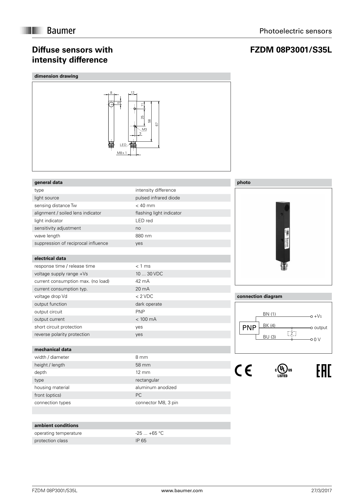 Baumer FZDM 08P3001/S35L Diffuse sensor Data sheet | Manualzz