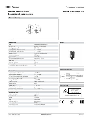 Baumer OHDK 10P5101/S35A Diffuse sensor Data sheet | Manualzz