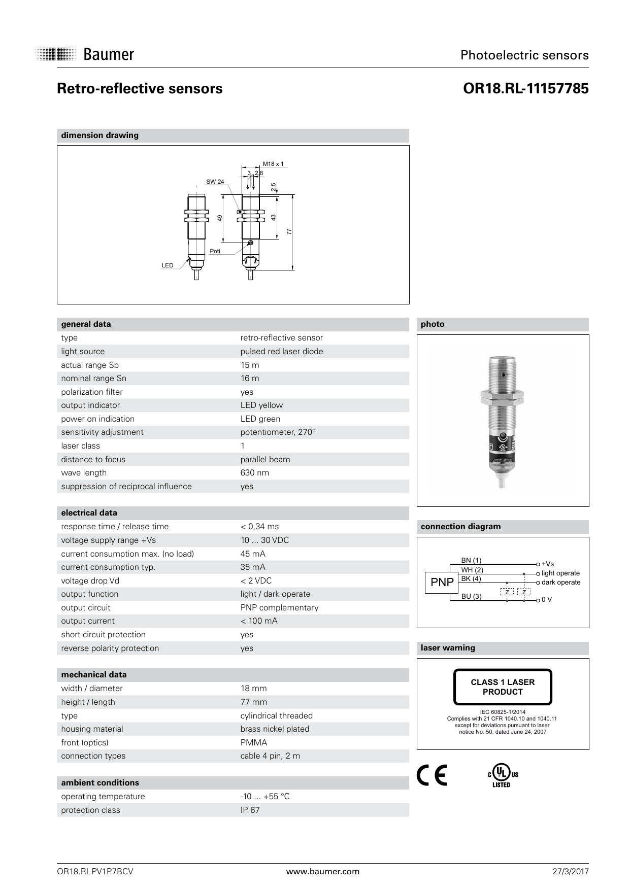 Baumer OR18.RL-PV1P.7BCV Retro-reflective sensor Data sheet | Manualzz
