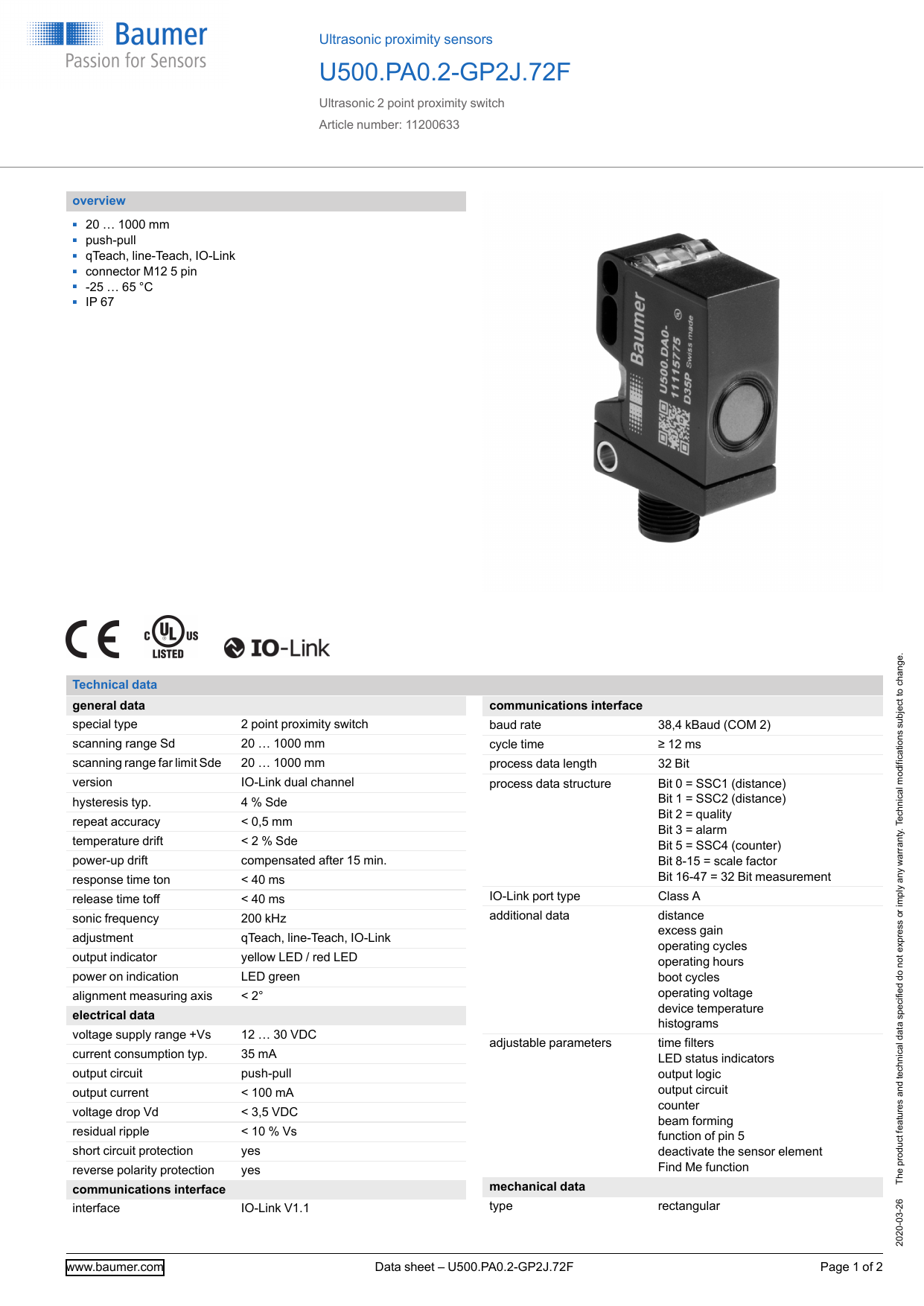 Baumer U500.PA0.2-GP2J.72F Ultrasonic proximity sensor Data sheet ...