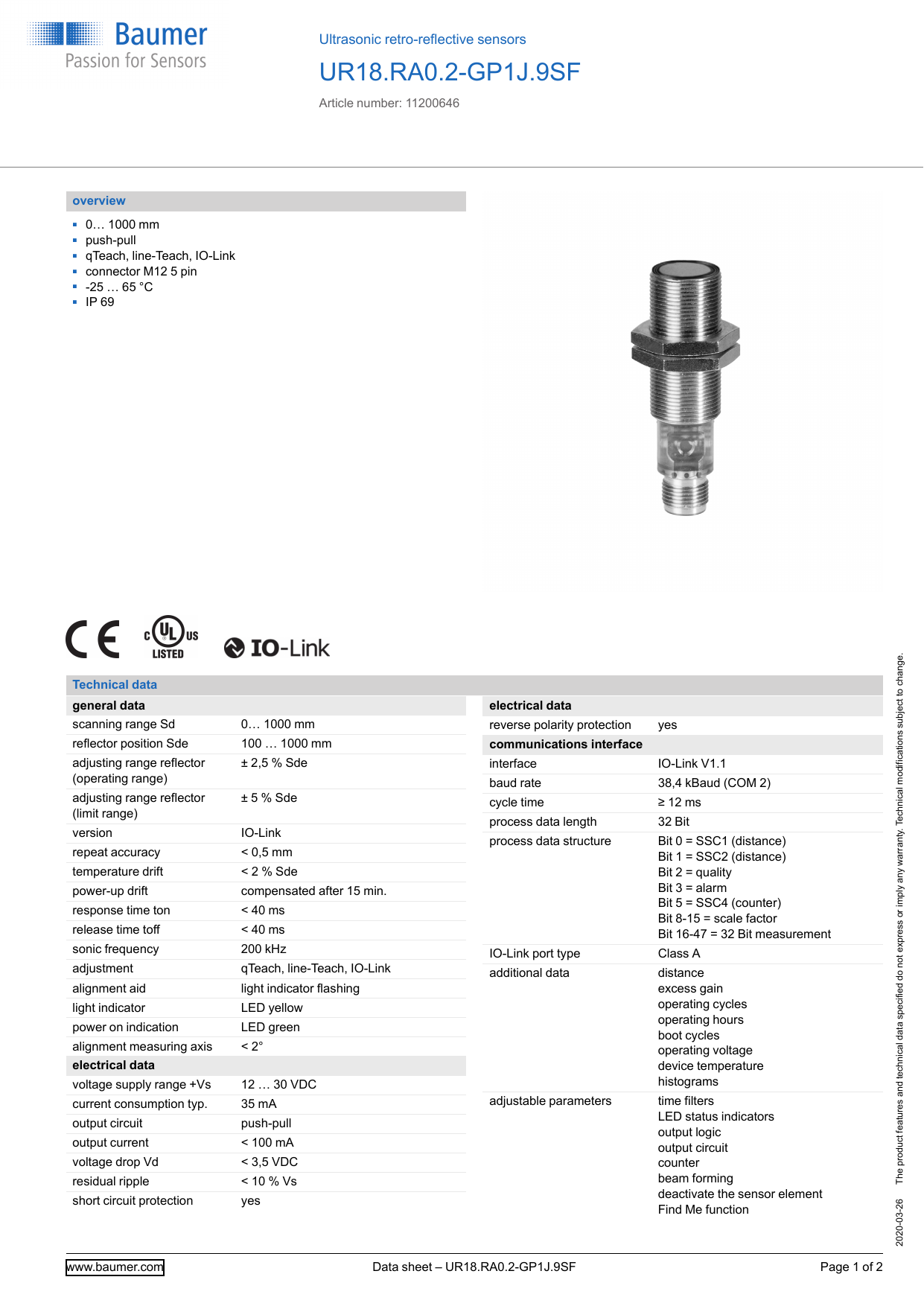 Baumer UR18.RA0.2-GP1J.9SF Ultrasonic retro-reflective sensor Data ...