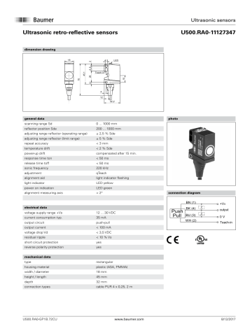 Baumer U500.RA0-GP1B.72CU Ultrasonic retro-reflective sensor Data sheet ...