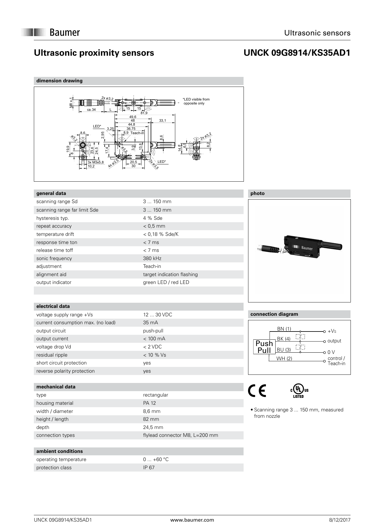 Baumer UNCK 09G8914/KS35AD1 Ultrasonic proximity sensor Data sheet ...