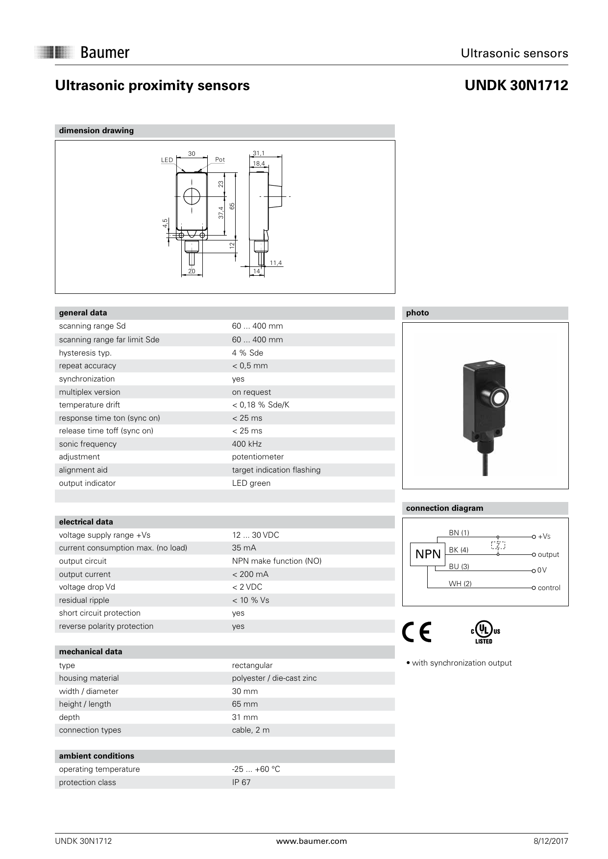 Baumer UNDK 30N1712 Ultrasonic proximity sensor Data sheet | Manualzz