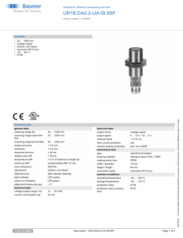 Baumer UR18.DA0.2-UA1B.9SF Ultrasonic distance measuring sensor Data ...