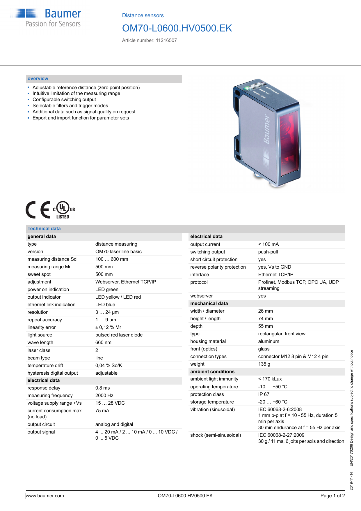 Baumer OM70-L0600.HV0500.EK Distance sensor Data sheet | Manualzz