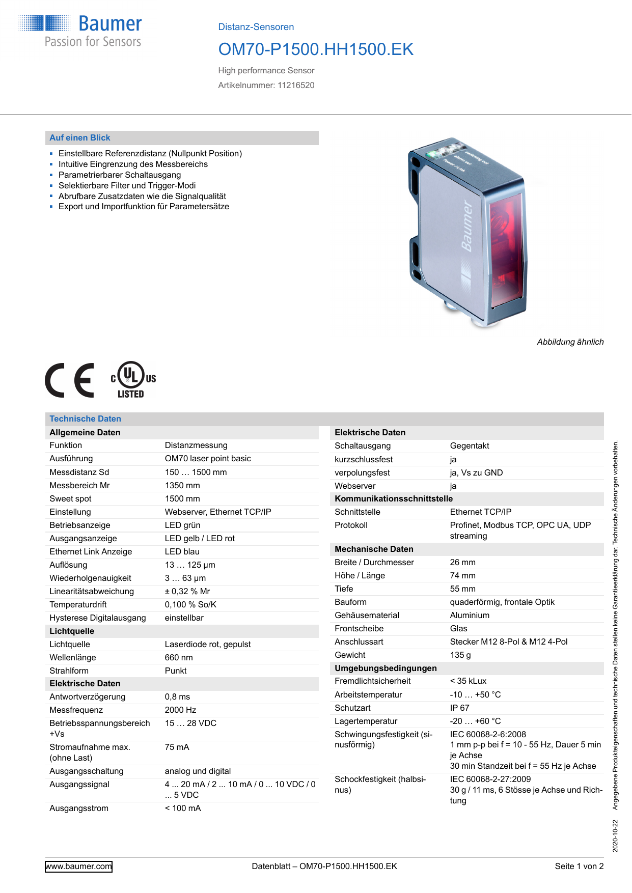 Baumer OM70-P1500.HH1500.EK Distance sensor Datenblatt | Manualzz