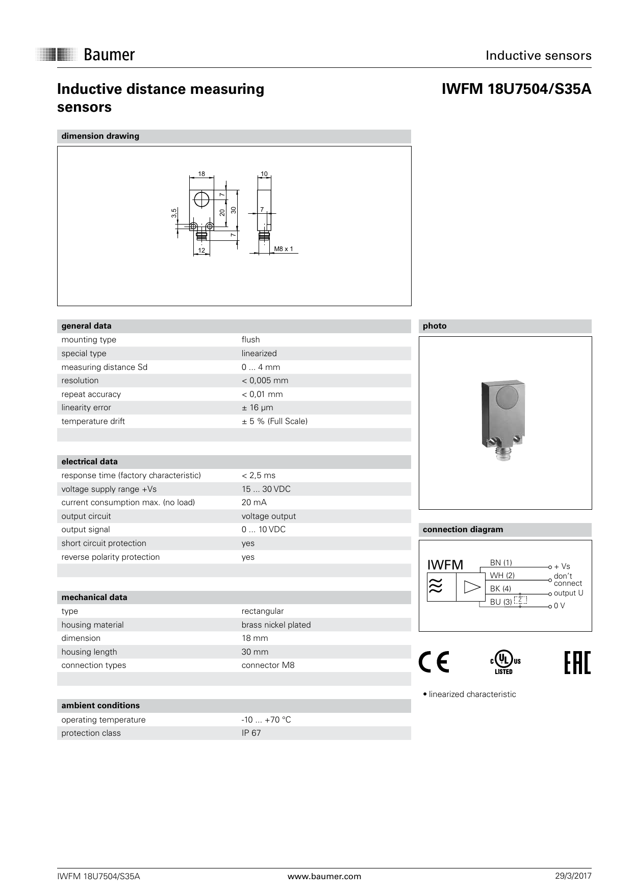 Baumer IWFM 18U7504/S35A Inductive distance measuring sensor Data sheet ...