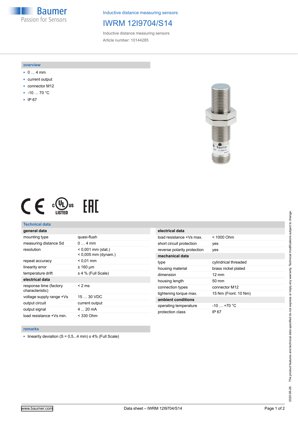 Baumer IWRM 12I9704/S14 Inductive distance measuring sensor Data sheet ...