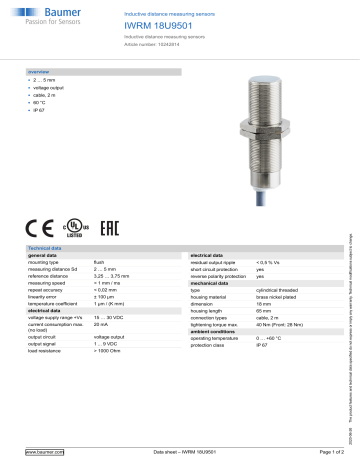 Baumer IWRM 18U9501 Inductive distance measuring sensor Data sheet ...