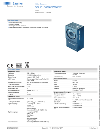Baumer VS ID100M03W10RP Vision sensor Datenblatt | Manualzz