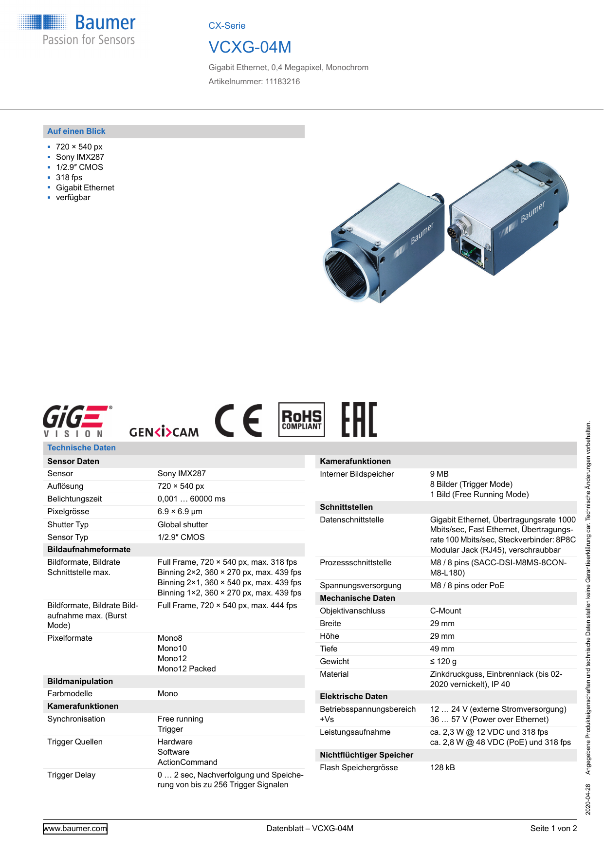 Baumer VCXG-04M VCX camera Datenblatt | Manualzz