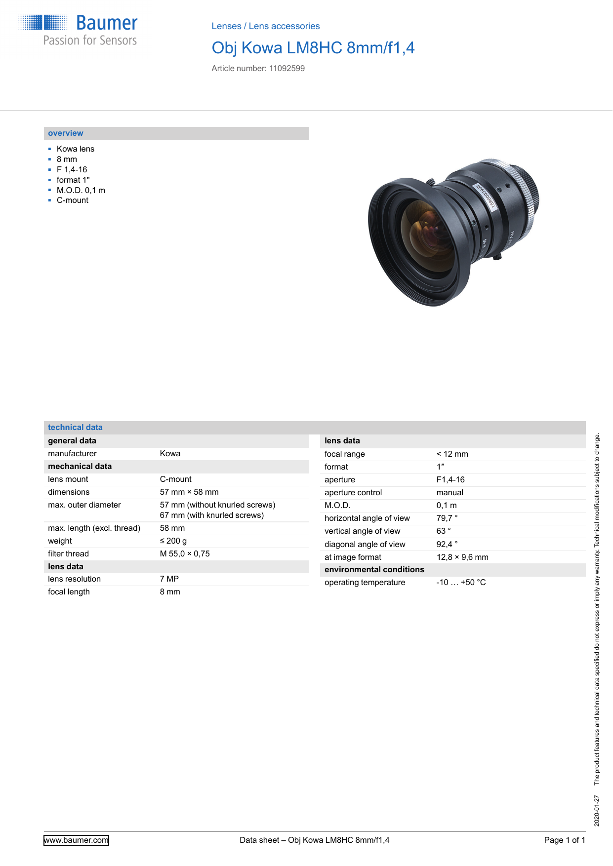 Baumer Obj Kowa LM8HC 8mm/f1,4 Datasheet | Manualzz