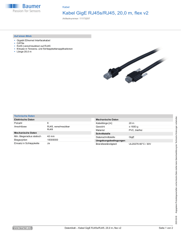 Baumer Cable GigE RJ45s/RJ45, 20,0 m, flex v2 Cable Data sheet | Manualzz