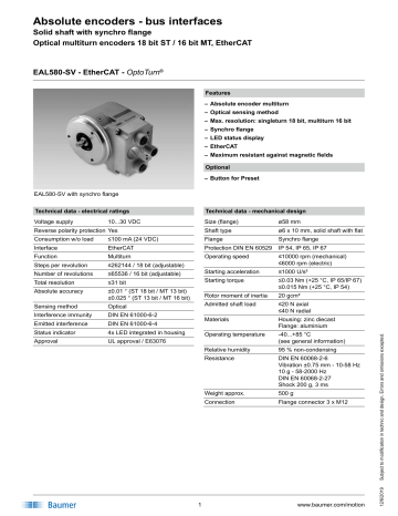 Baumer EAL580-SV - EtherCAT Absolute encoder Data sheet | Manualzz