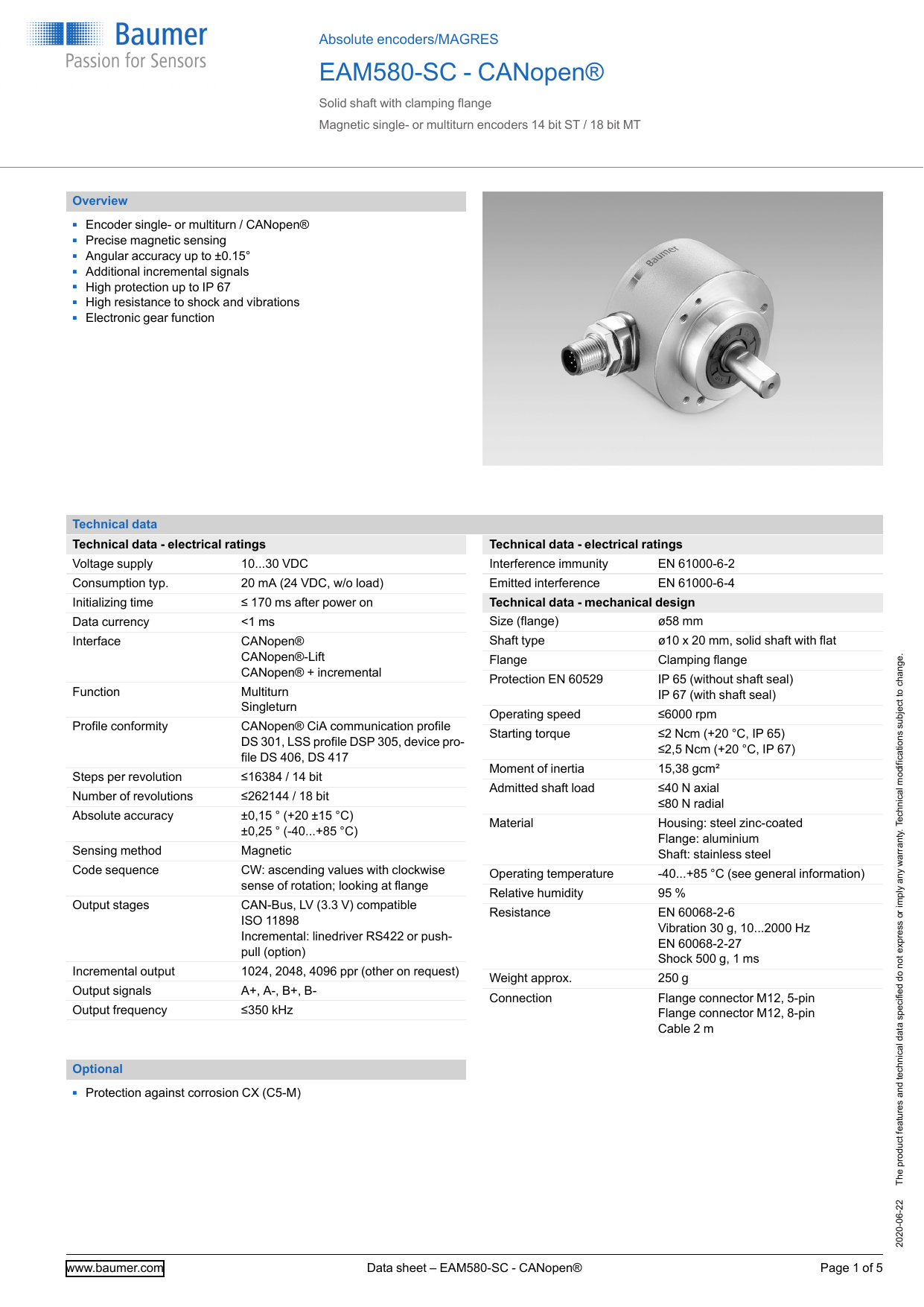 Baumer EAM580-SC - CANopen® Absolute encoder Data sheet | Manualzz