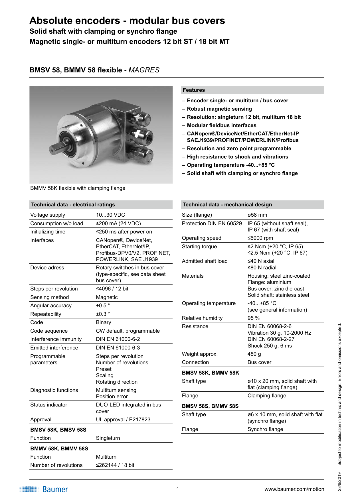 Baumer BMSV 58S flexible Absolute encoder Data sheet | Manualzz