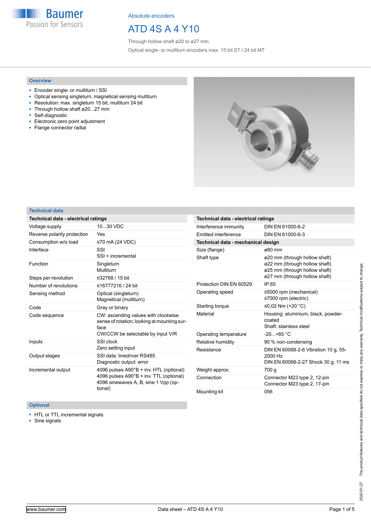 Baumer ATD 4S A 4 Y10 Absolute encoder Data sheet | Manualzz